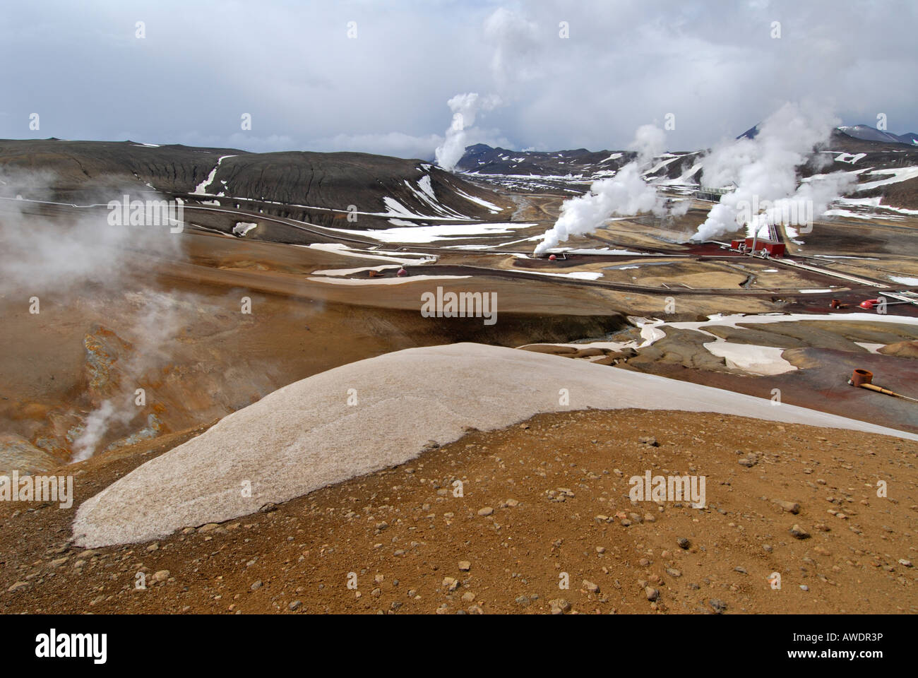 Volcanic landscape Krafla geothermal power plant viewed from nearby ...
