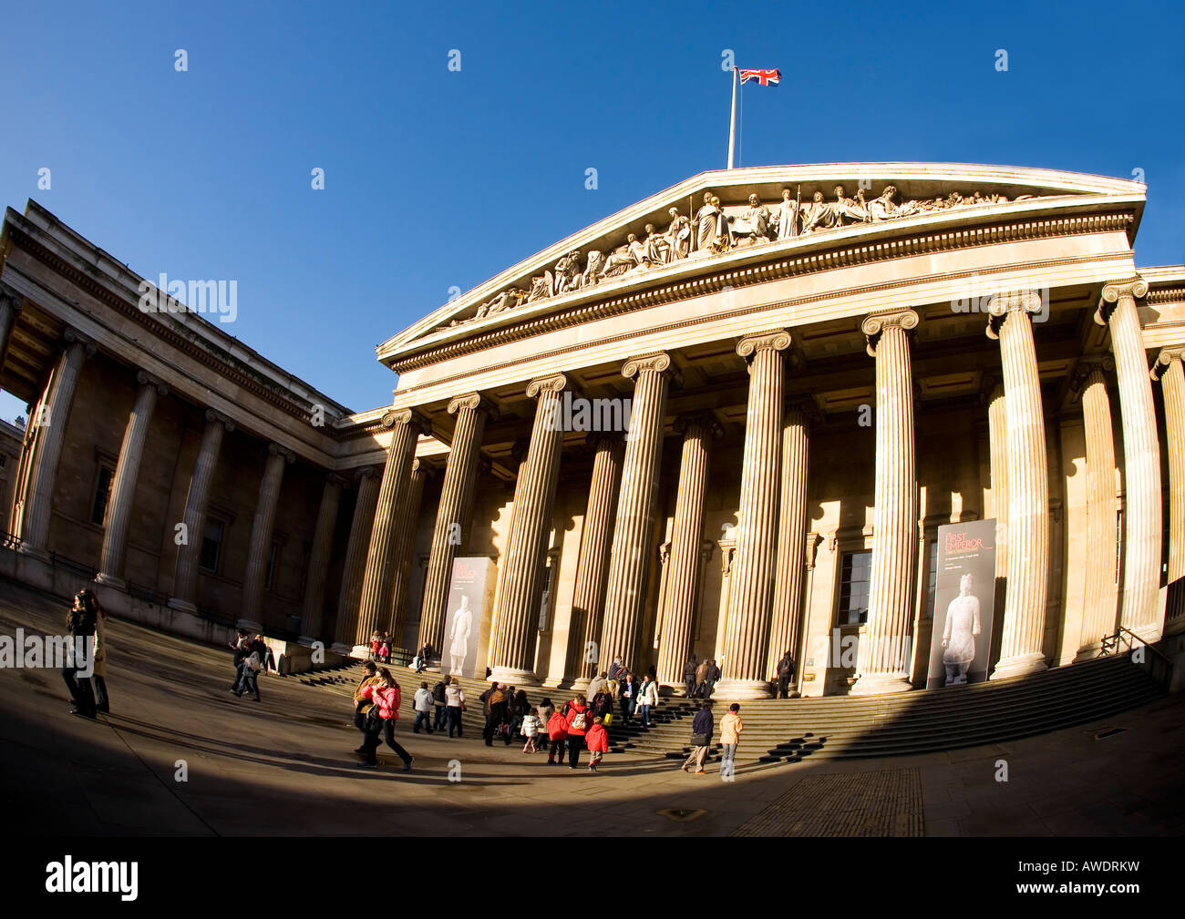 British Museum Front Entrance facade with carved sculptures, columns ...