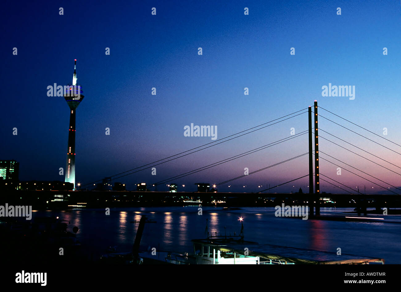 Rhine tower and bridge over Rhine River. Düsseldorf, Germany Stock ...