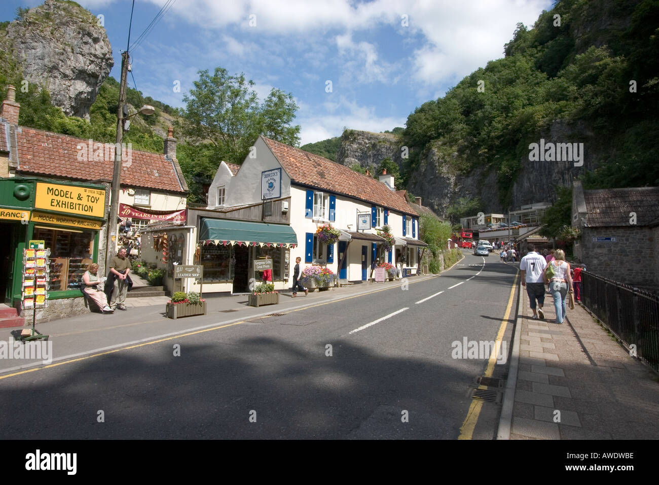 Road and shops through Cheddar Gorge Mendip Hills Somerset UK Stock ...