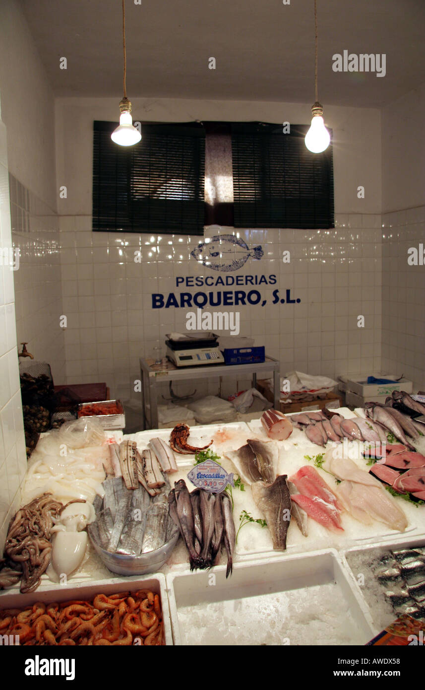 A variety of different sorts of fish for sale in a Spanish market ...
