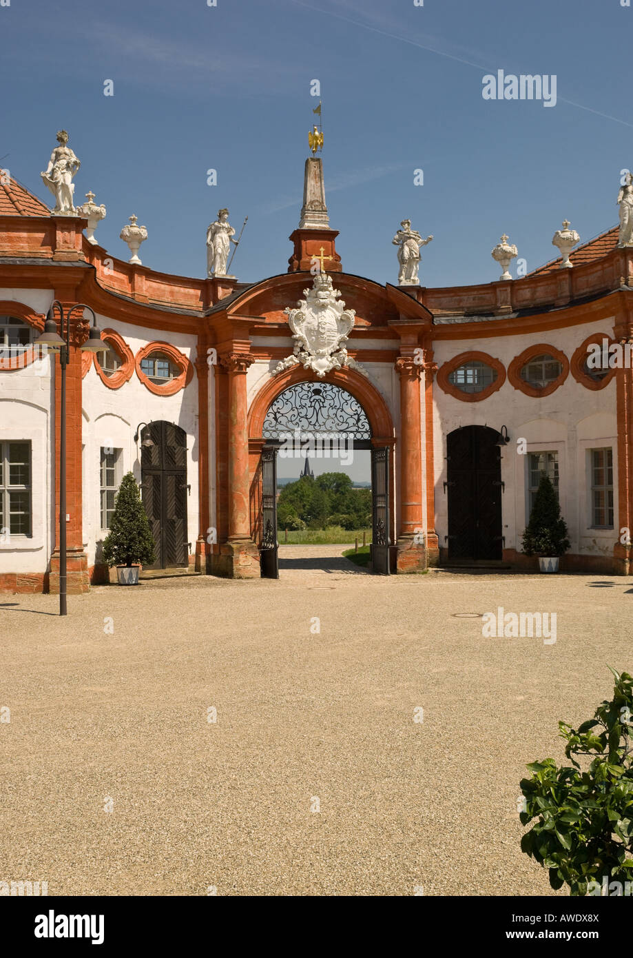 Looking out through the main entrance to Schloss Seehof Palace, Bamberg ...