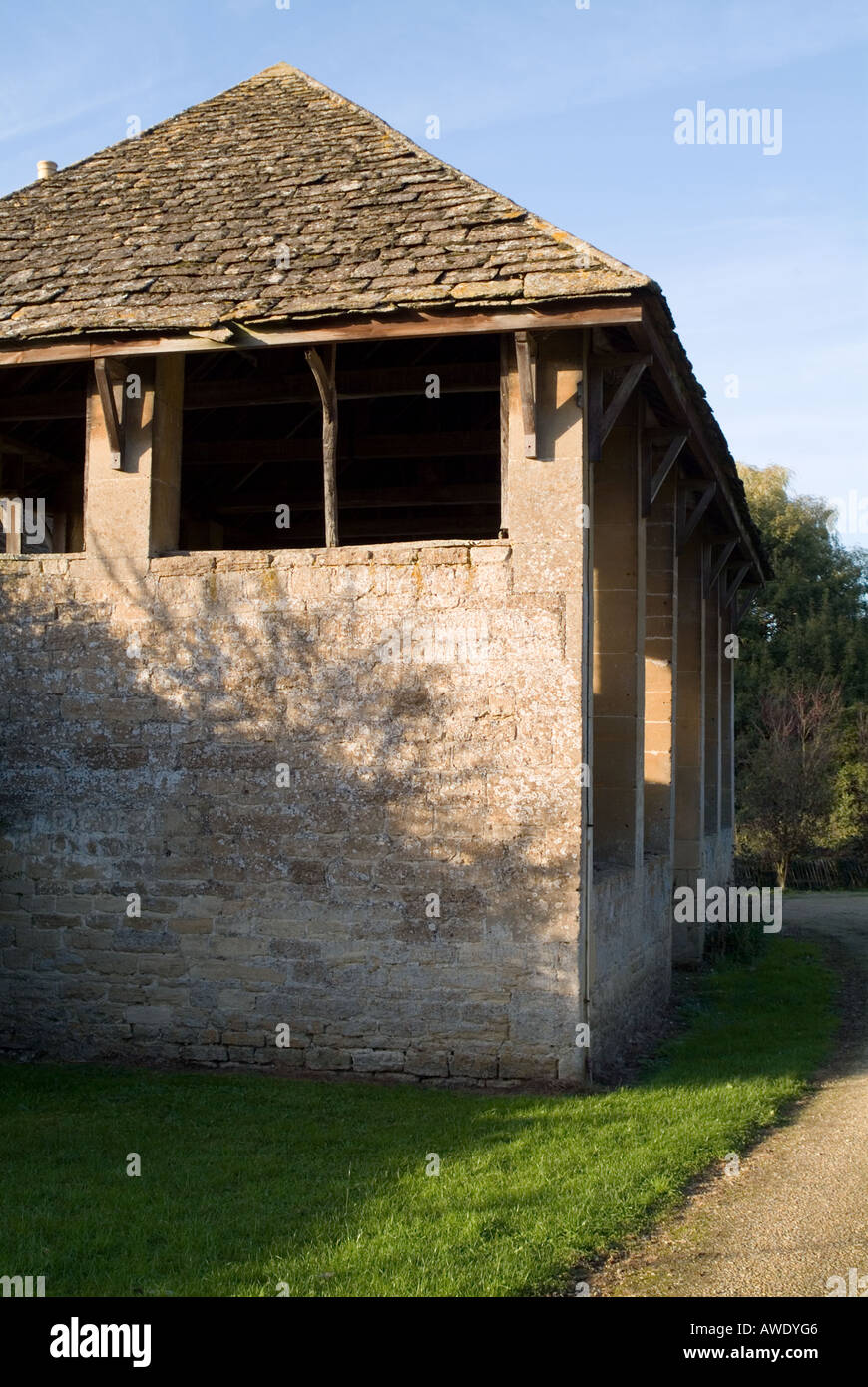 Three quarter view of a stone and timber building used in Harry Potter ...