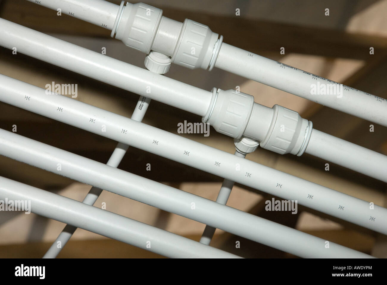 Speedfit polyethylene water pipes installed in a new house Stock Photo ...