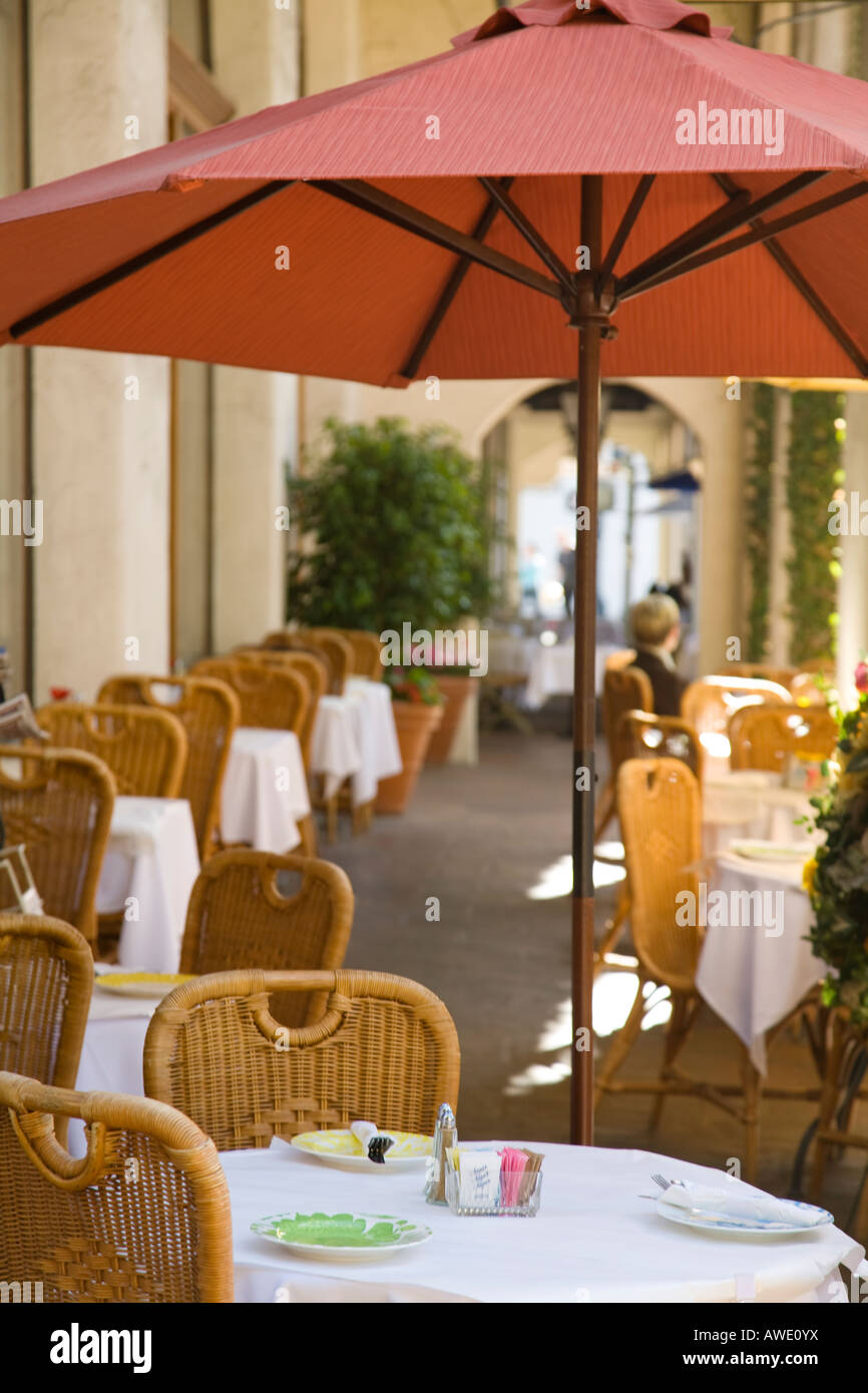 CALIFORNIA Santa Barbara Umbrellas over tables outdoor sidewalk dining at restaurant white ...