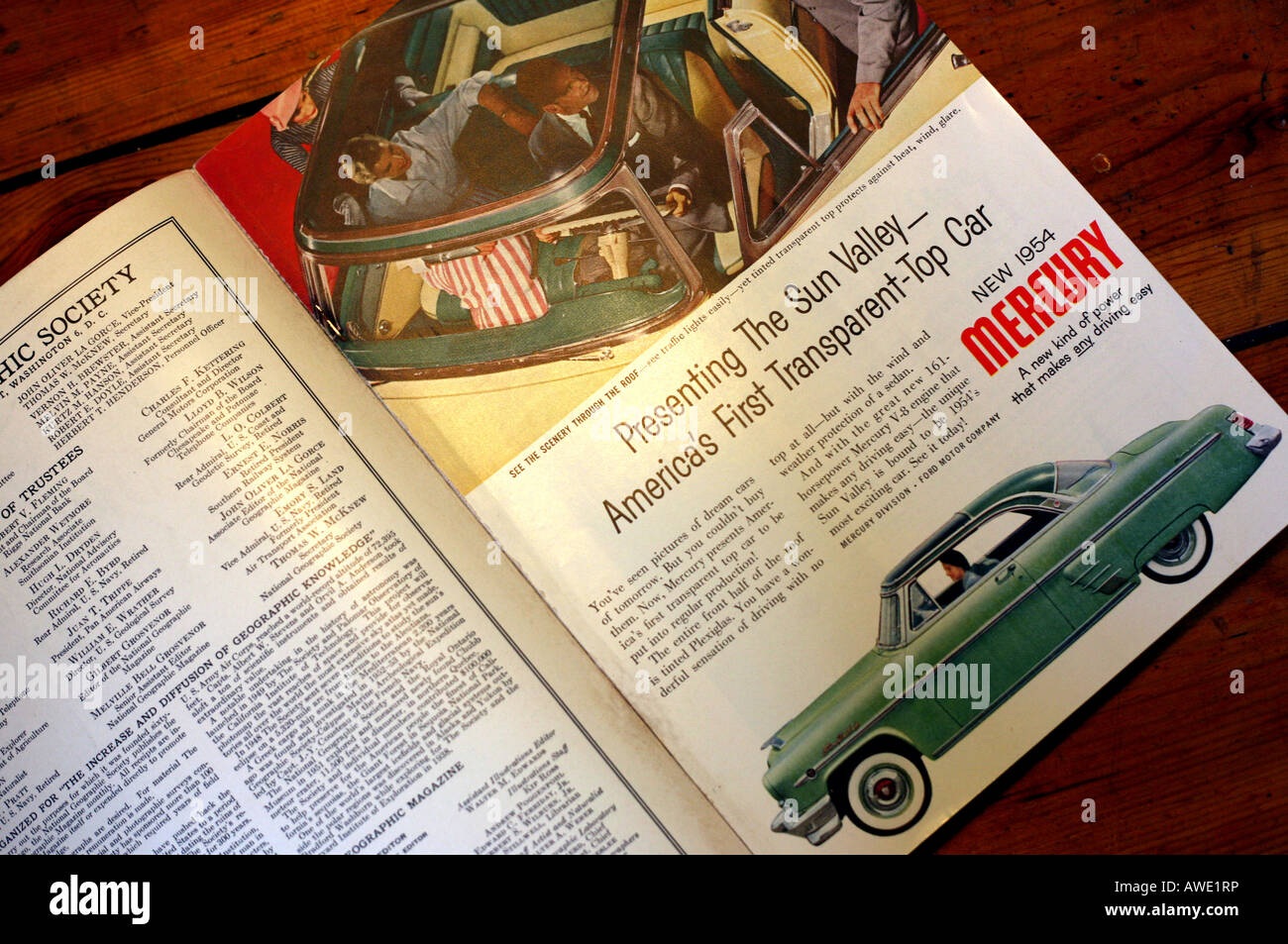 Car advertisement in 1950s National Geographic magazine; EDITORIAL USE ...