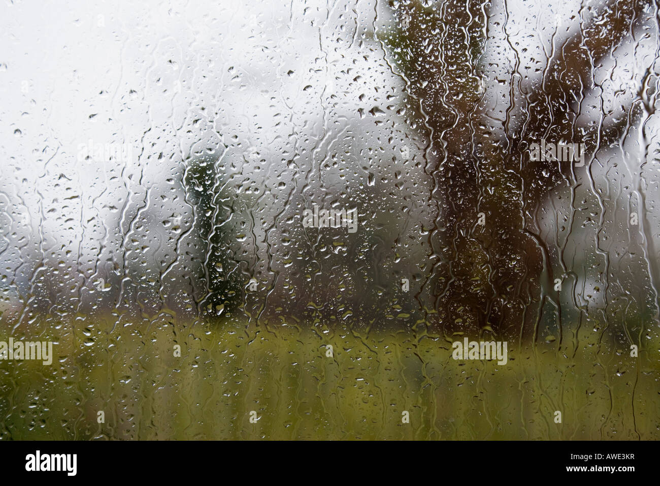 UK Britain February View through window with rain drops of water on ...