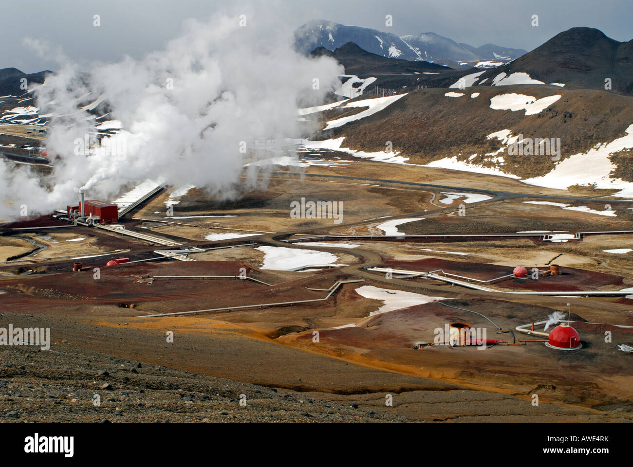 Volcanic landscape Krafla geothermal power plant viewed from nearby ...