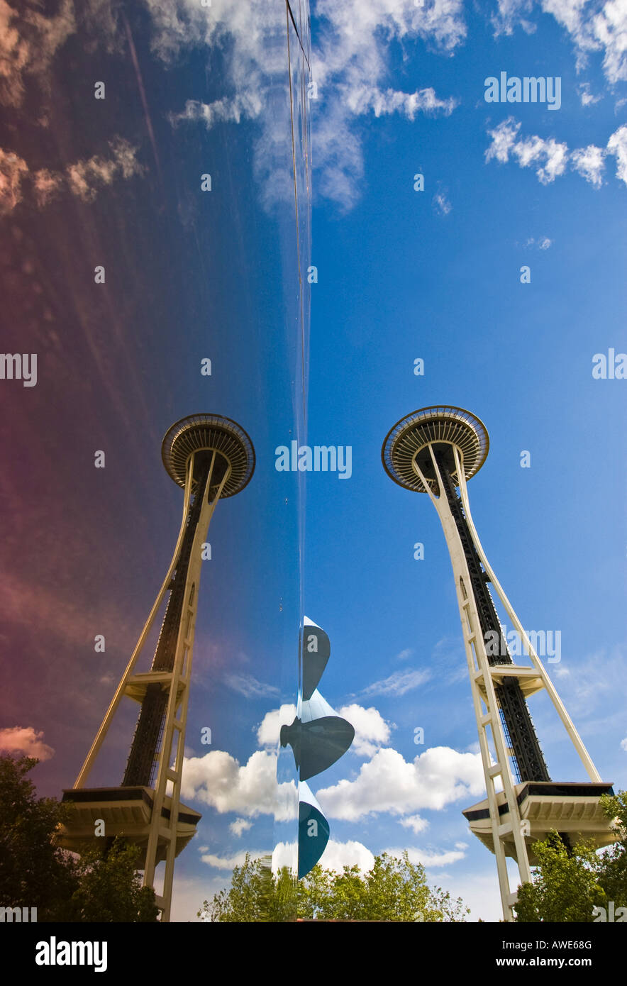 Space Needle reflected in the Experience Music Project building at ...
