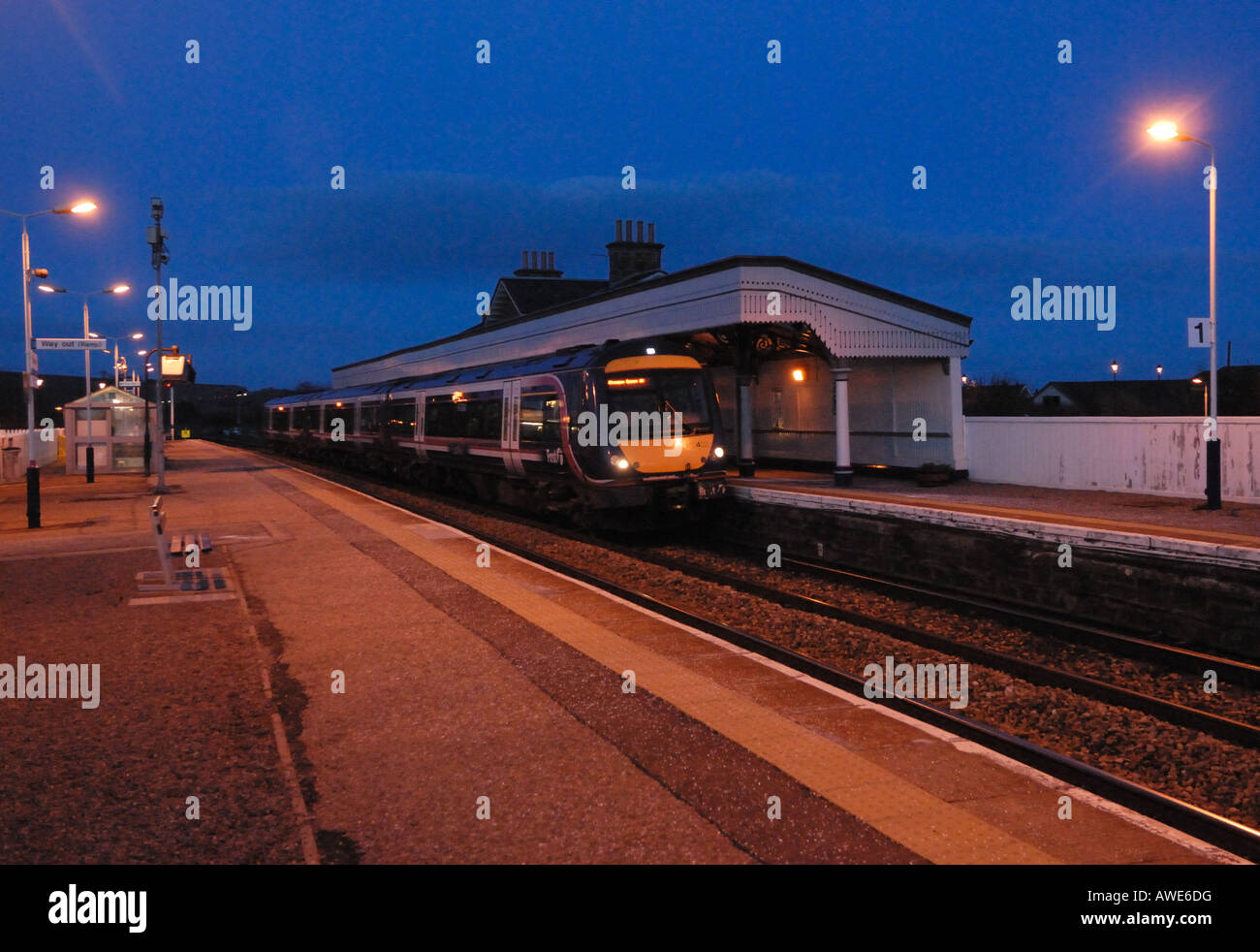 First Scotrail type 170 Turbostar train at Stonehaven station at dusk ...