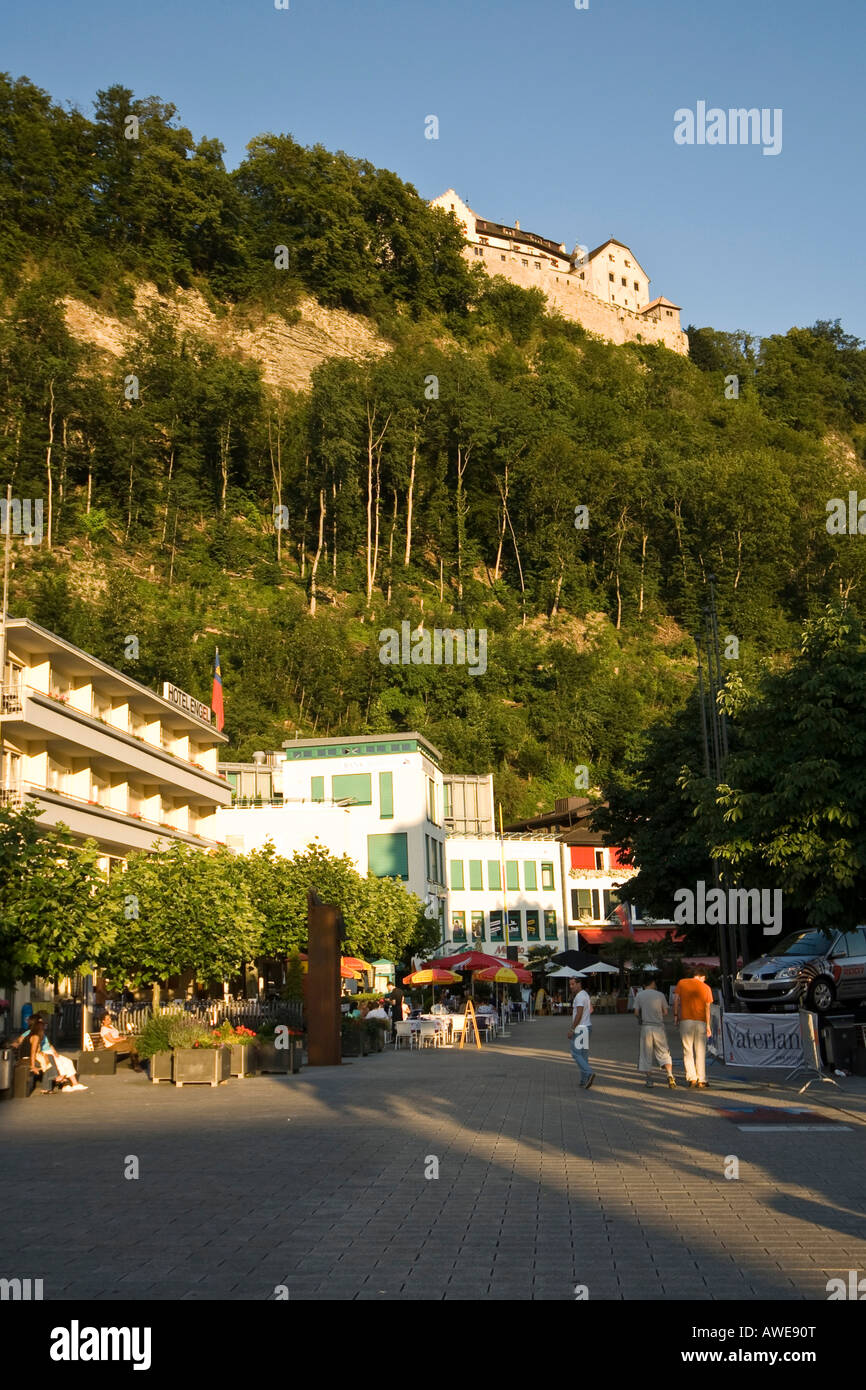City centre and Vaduz Castle in the background, Vaduz, Liechtenstein ...