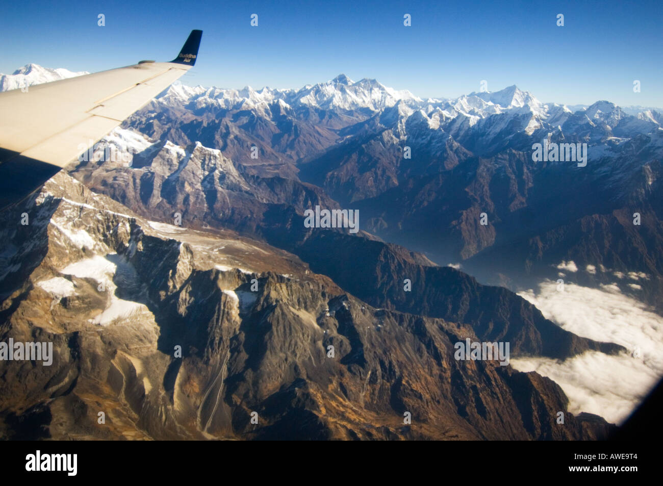 flying over the himalayan mountain range with BUDDHA AIR bird´s eye ...