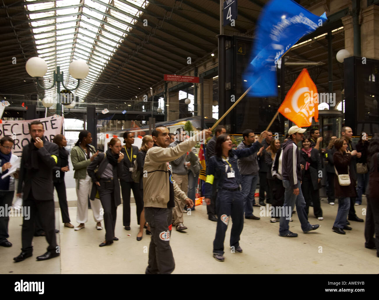 striking security protesters at the Eurostar terminal Gare du Nord ...