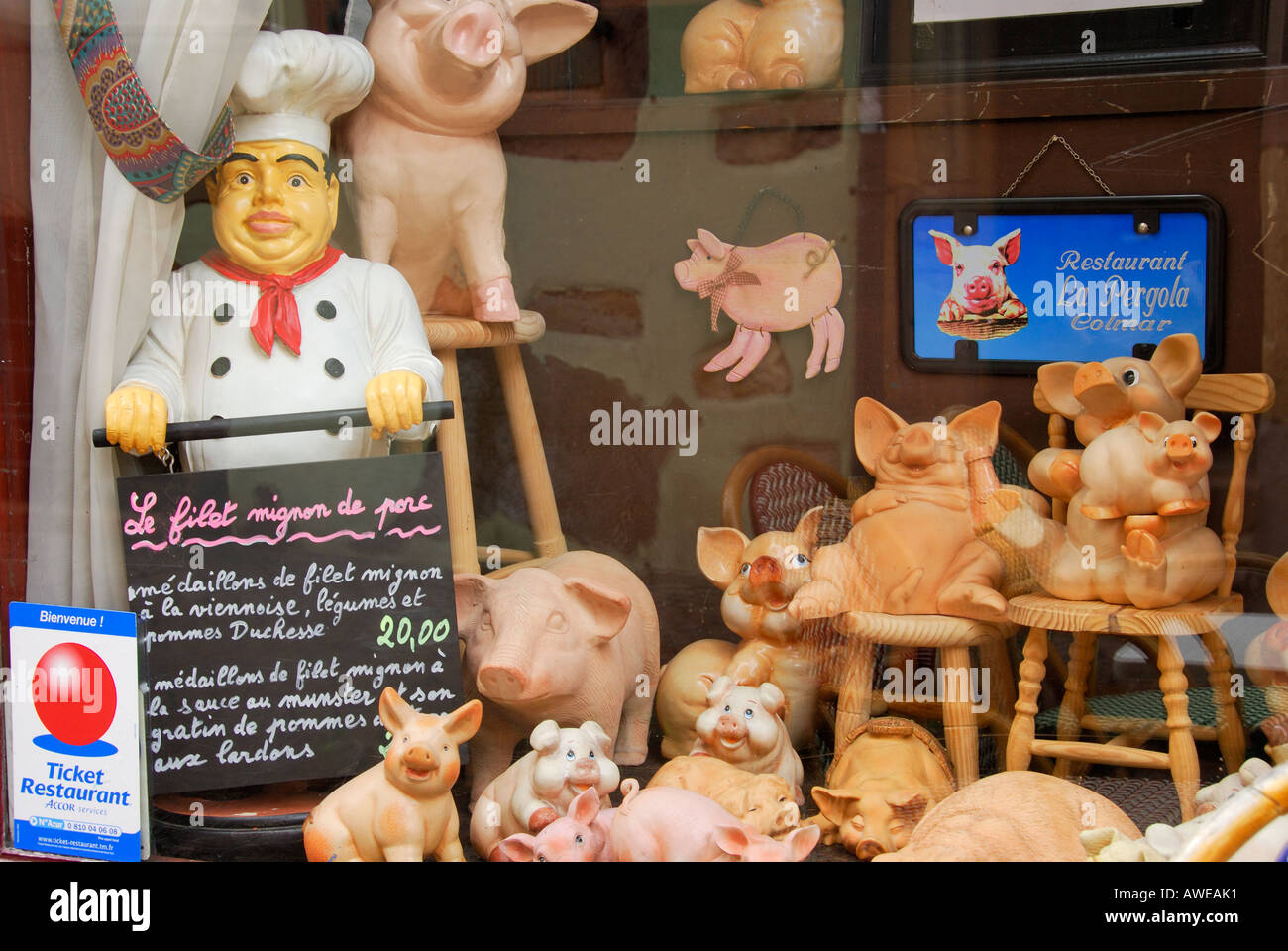 "Restaurant window display and menu, Colmar Stock Photo - Alamy