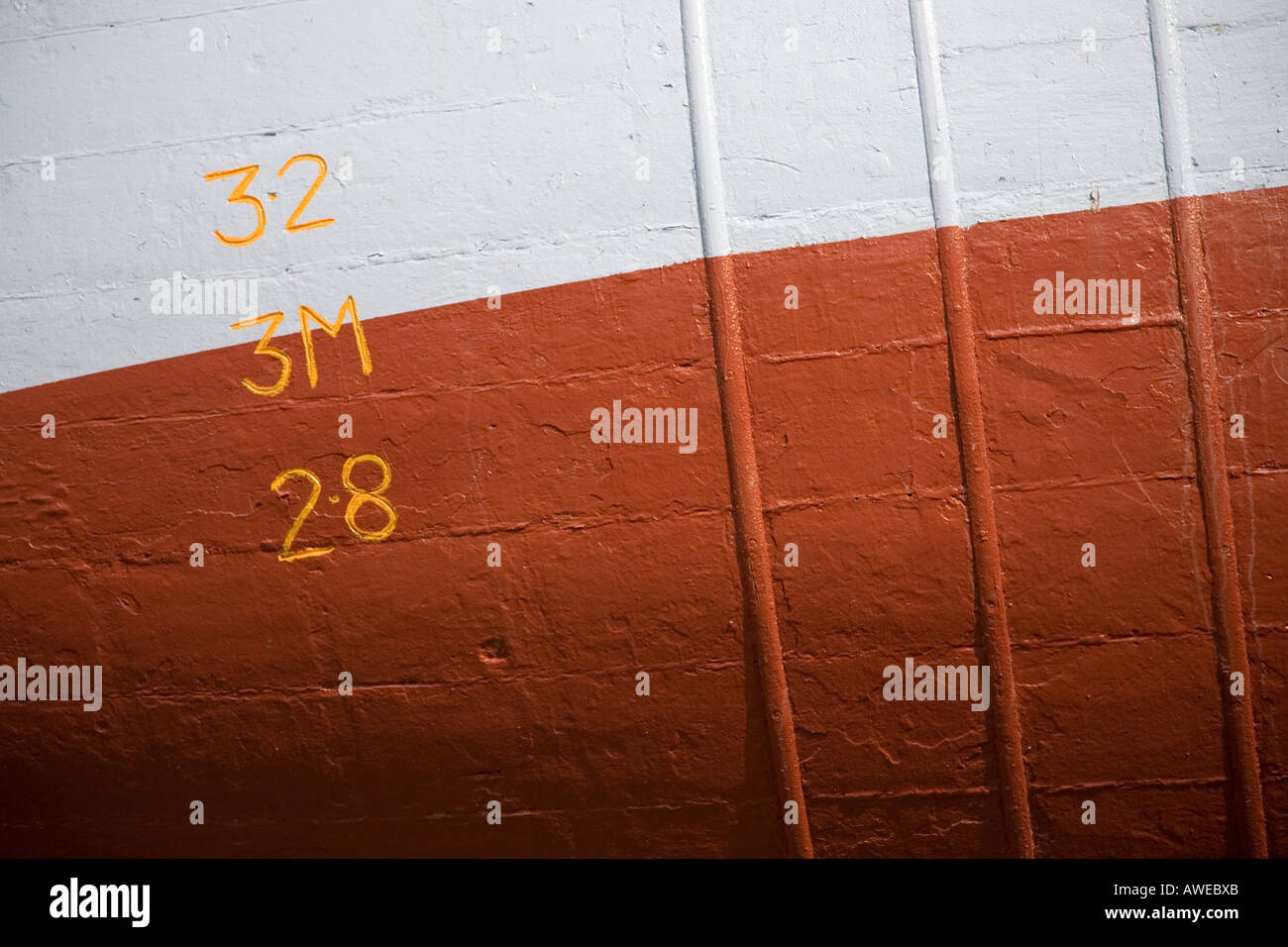 Plimsoll line newly painted on fishing vessel Macduff ship repair yard ...