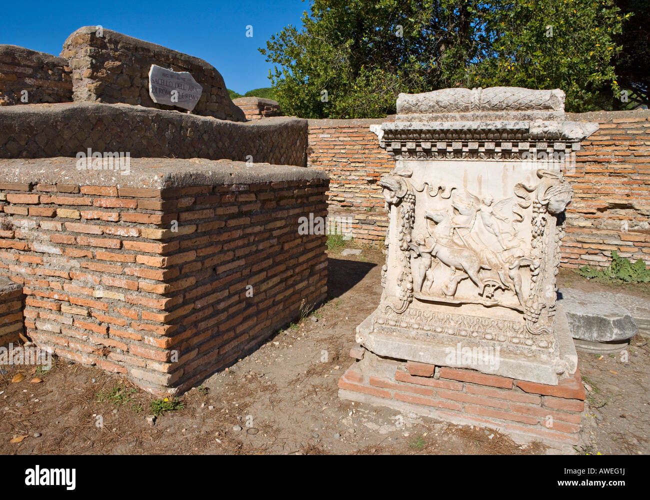 Altar ruins near the amphitheatre at the Ostia Antica archaeological ...
