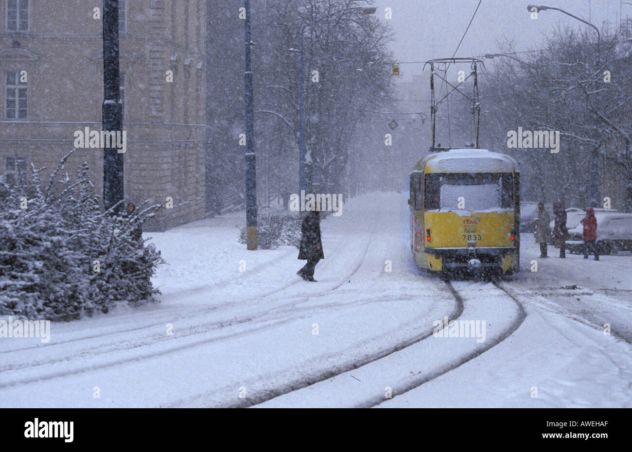 A tram in Bratislava Slovakia during heavy snow fall Stock Photo - Alamy