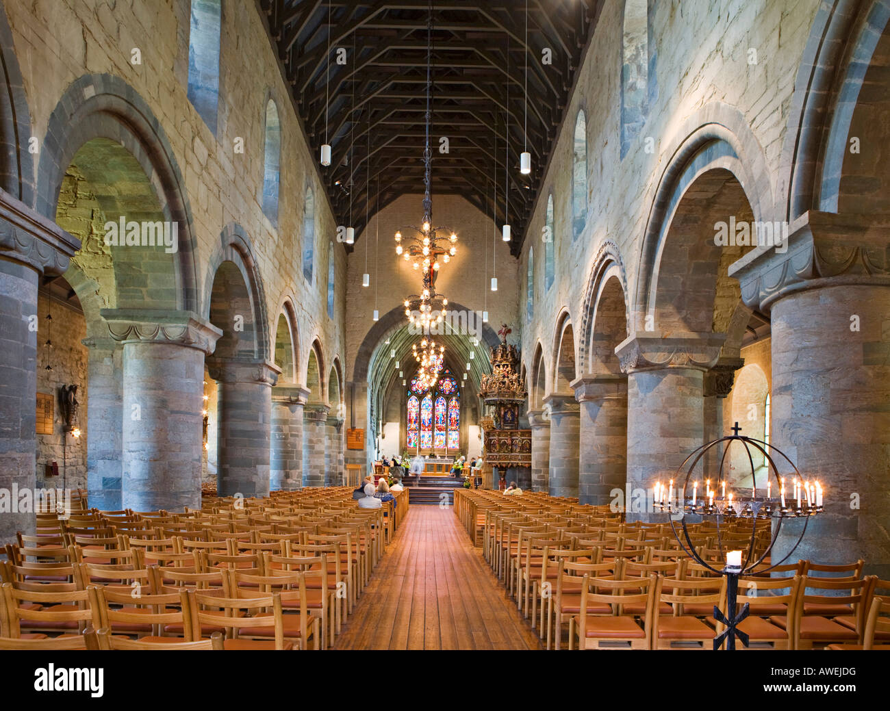 Romanesque columns, St. Svithun Cathedral interior, Stavanger (European ...