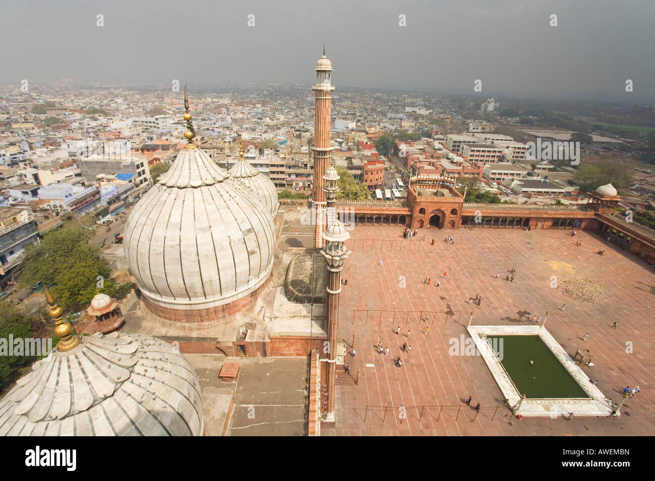 Aerial view of main courtyard with minarets and domes of the Jami ...