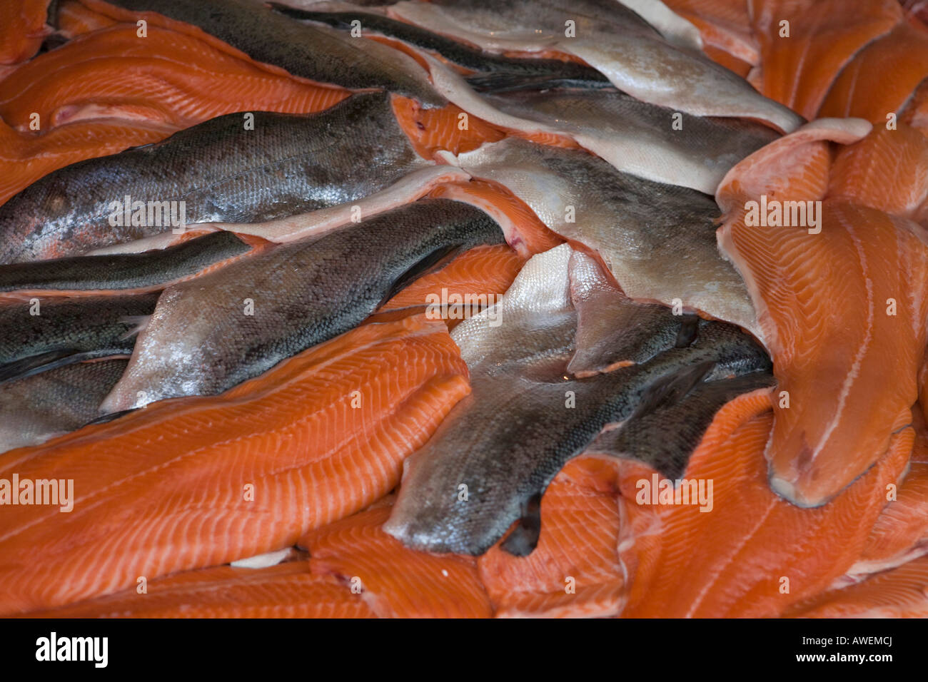 Salmon at a fish market in Puerto Mont, Region de los Lagos, Chile ...