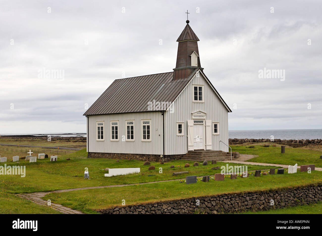 Exterior view, Strandarkirkja Church, Selvogur, Iceland, Atlantic Ocean ...