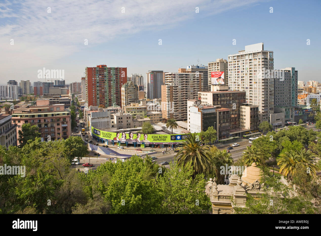 Modern high-rise buildings viewed from Cerro Santa Lucia Park, Santiago ...
