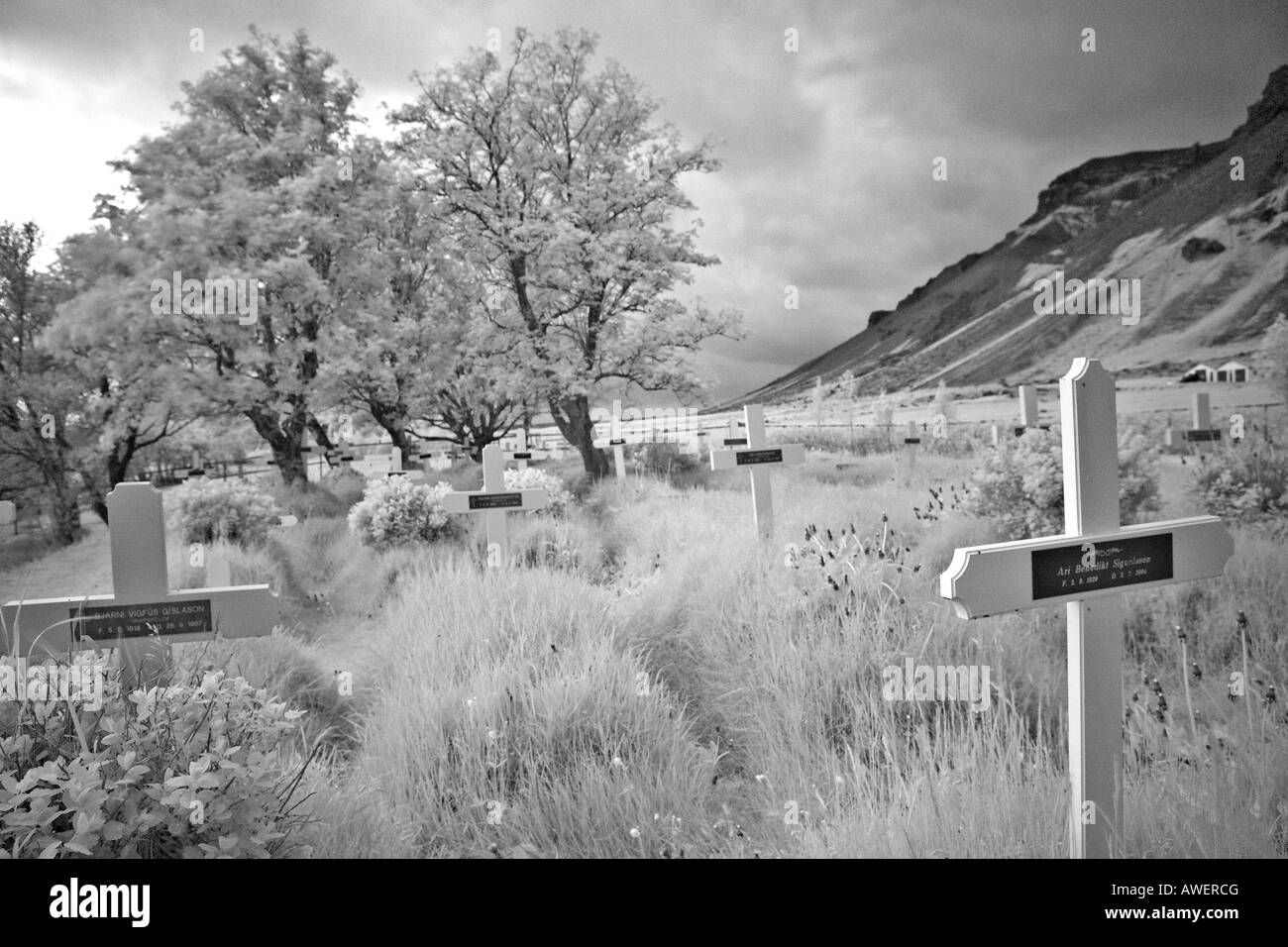 Cemetery at an old heathen church ("Hof"), infrared shot, southern ...