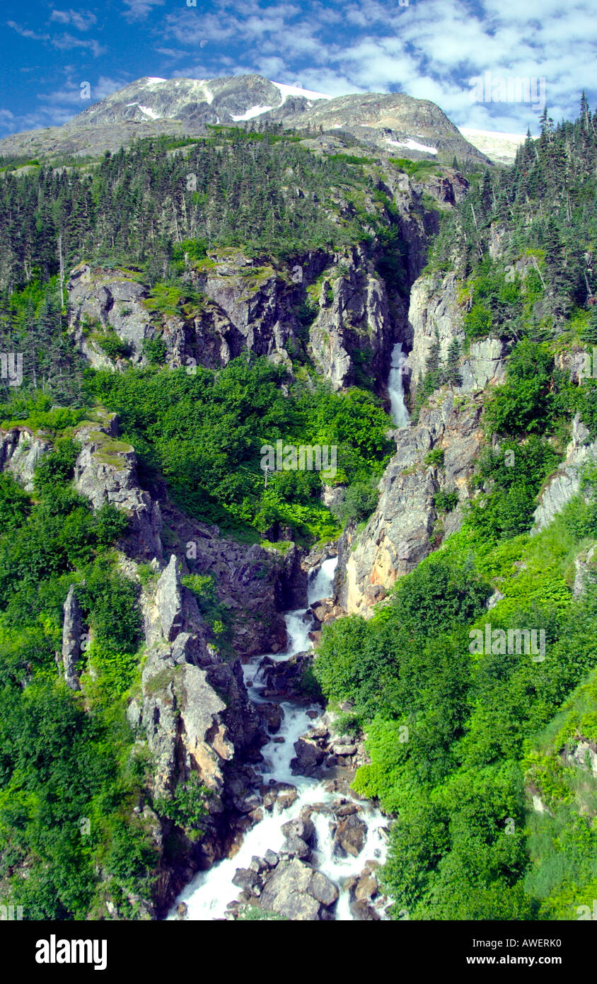 Mountain waterfalls along the Klondike Highway near Skagway, Alaska ...
