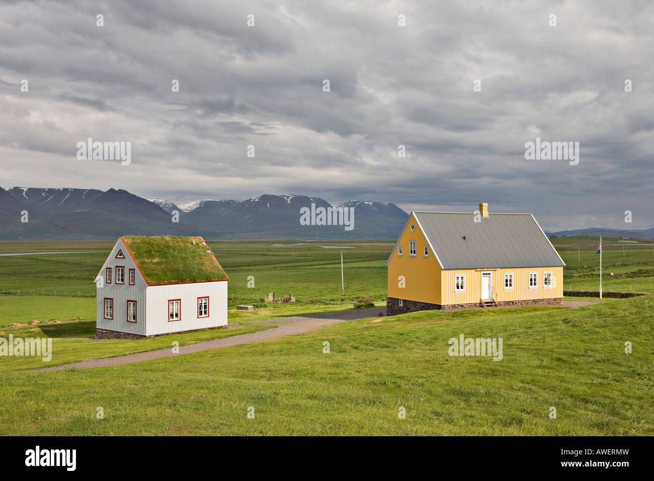 Áshús, yellow wooden house, Glaumbaer Farm Museum, northern Iceland ...