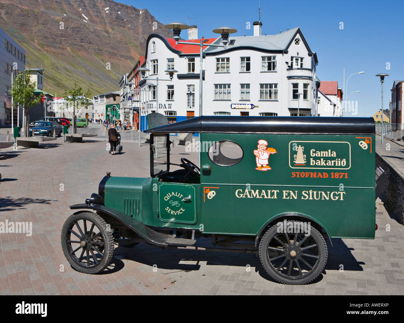 Vintage car advertising a bakery, Isafjoerður, Western Fjord, Iceland ...