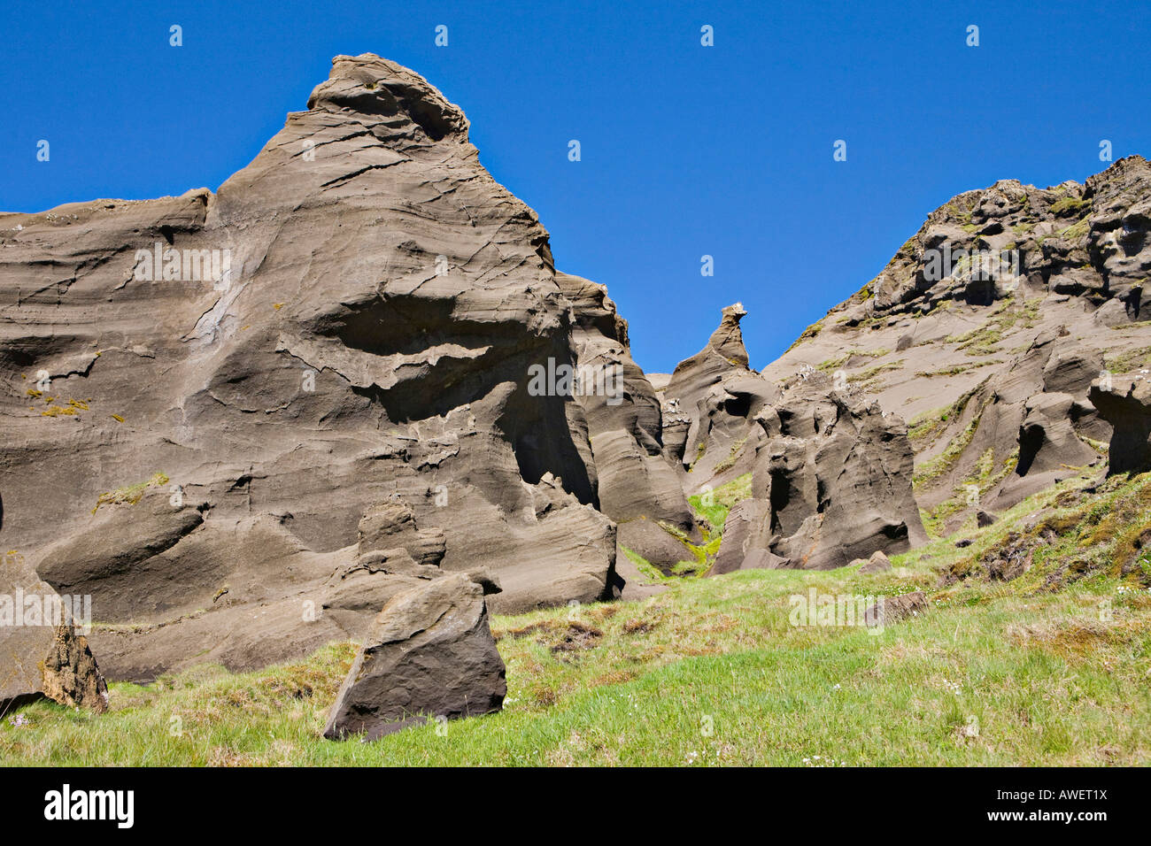 Bizarre rock formations, rhyolite tuff, Selvellir, Snaefellsness ...