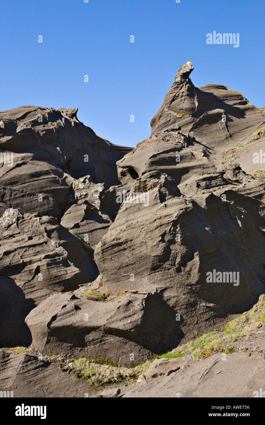 Bizarre rock formations, rhyolite tuff, Selvellir, Snaefellsness ...