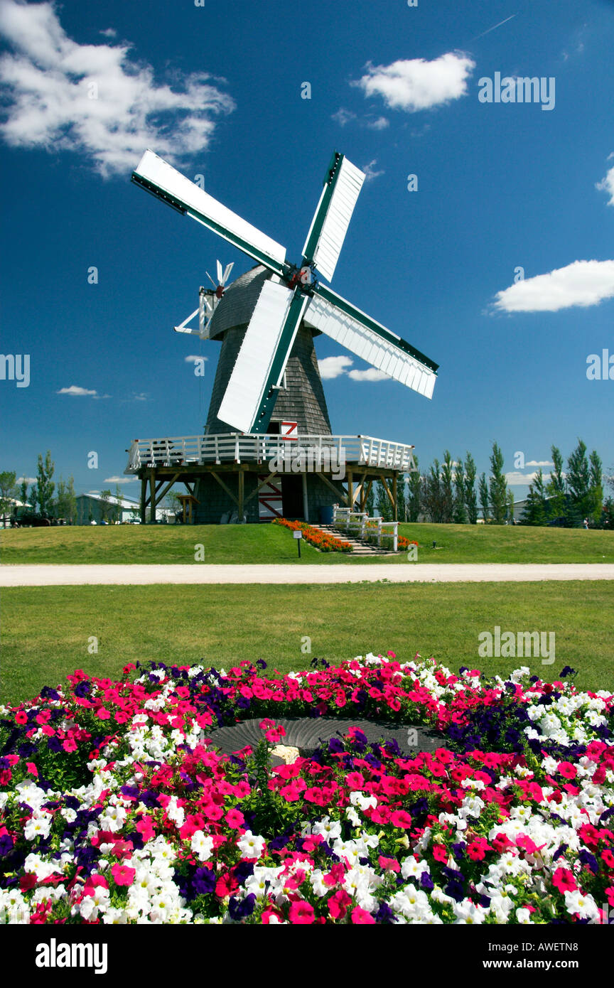 The windmill landmark of The Mennonite Heritage Village in Steinbach ...