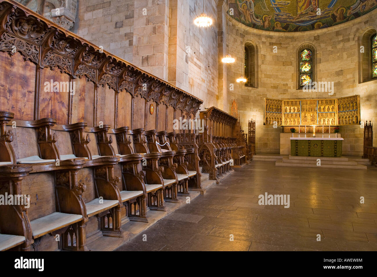 Choir stalls at Lund Cathedral, twelfth-century Romanesque architecture ...
