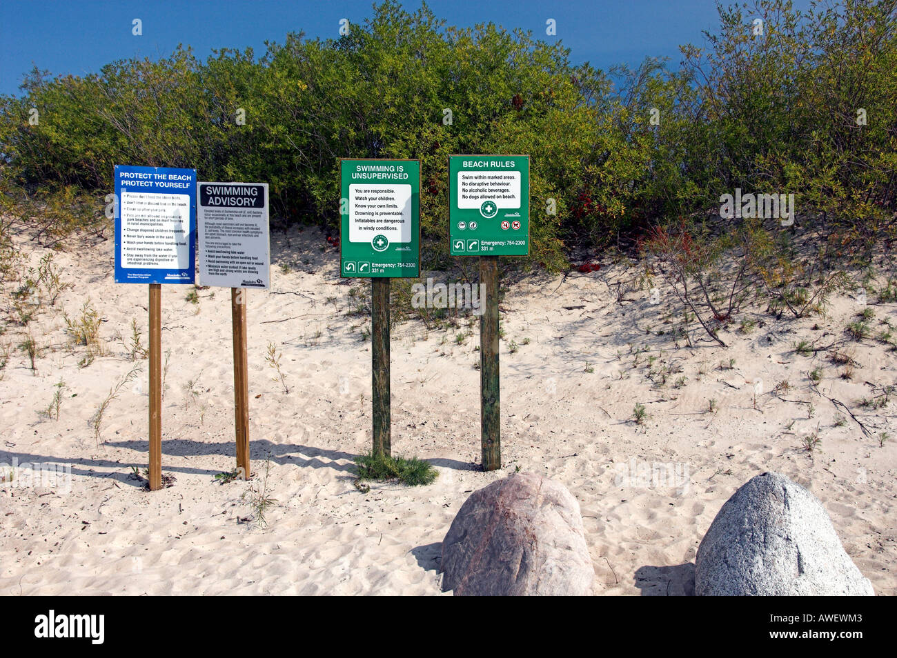 Swimming and beach safety signs at Grand Beach on Lake Winnipeg ...