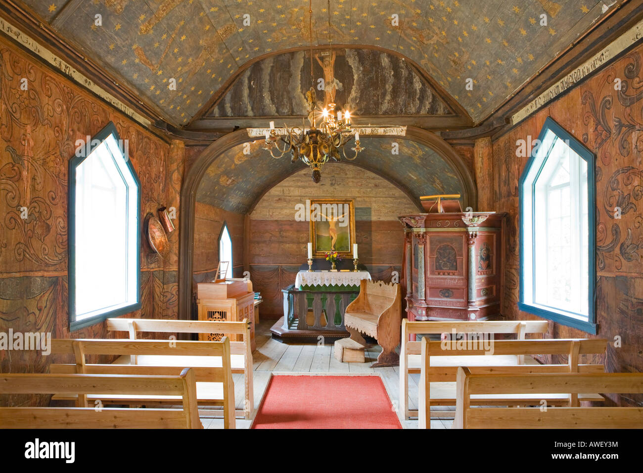Interior of the stave church (12th century) in Undredal at ...