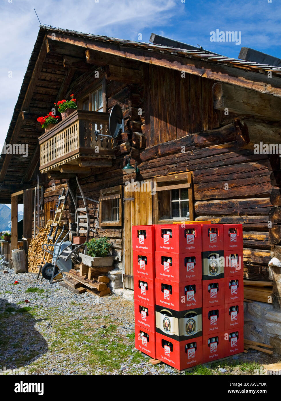 Stacked beer crates, Saukaralm alpine pasture, Grossarltal, Salzburg ...