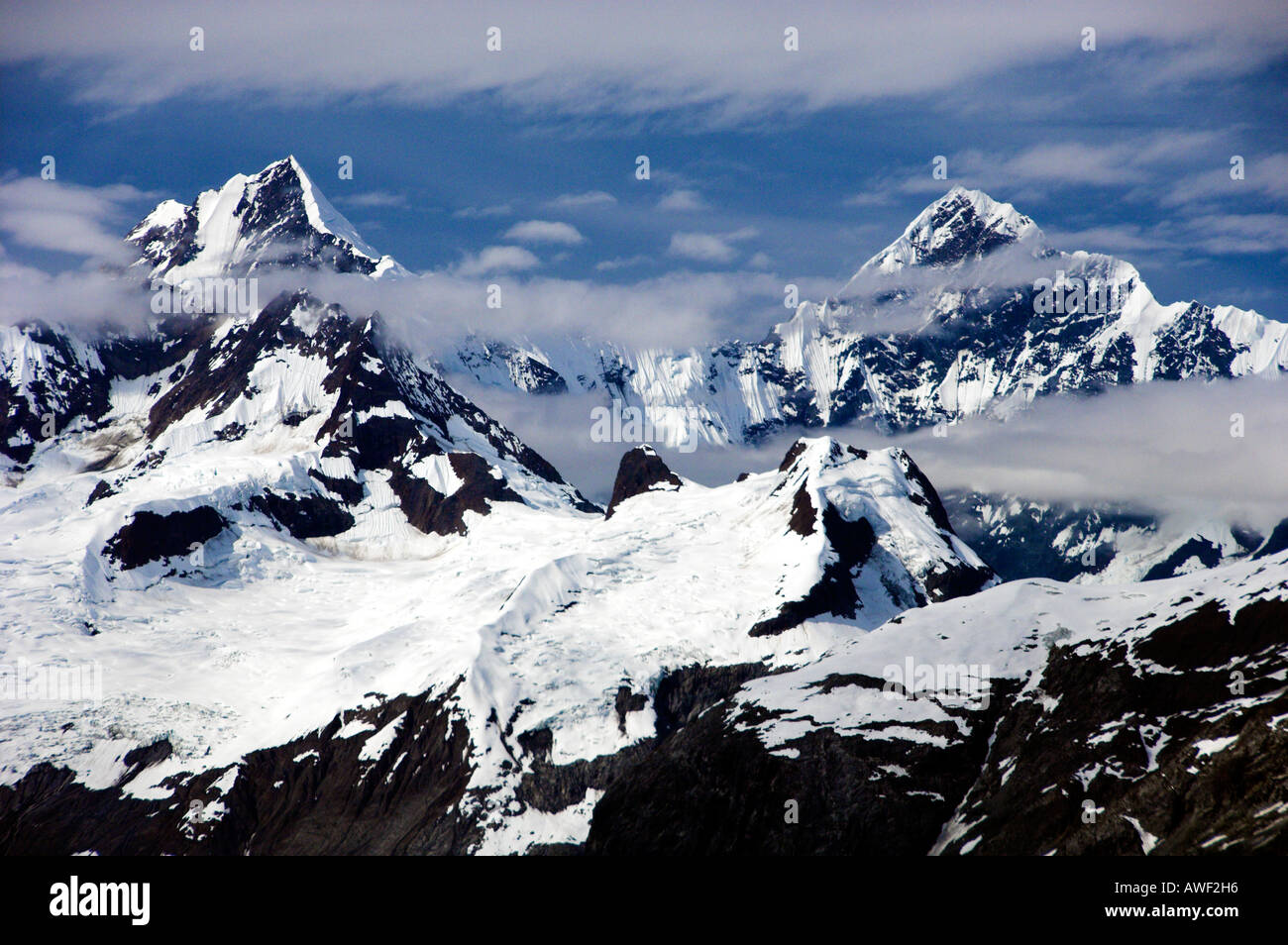 Mount Orville and Mount Wilbur snow covered peaks in the Fairweather ...