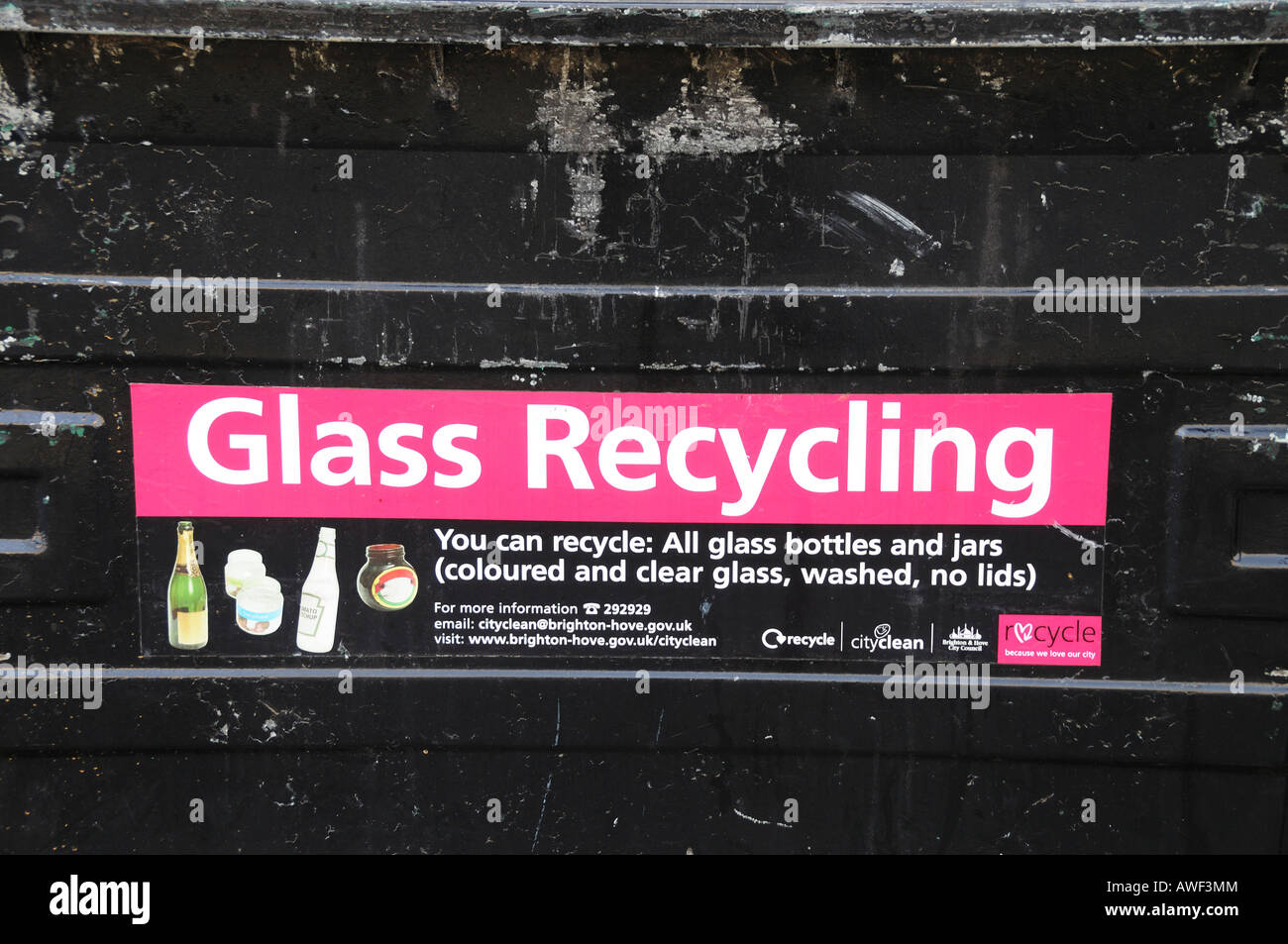 Close up of Glass Recycling Logo on a black recycling bin, England ...