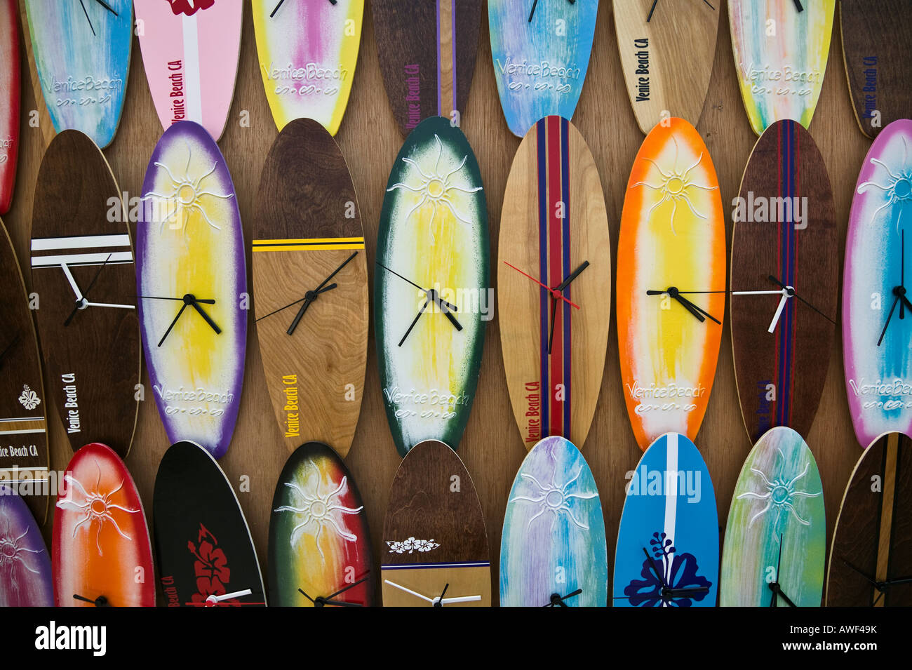 Souvenir surf board clocks Venice Beach Boardwalk, California, USA ...