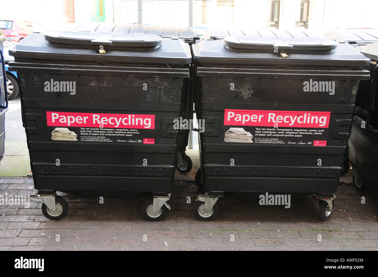 Black Paper Recycling Bins, Brighton, East Sussex, England Stock Photo ...