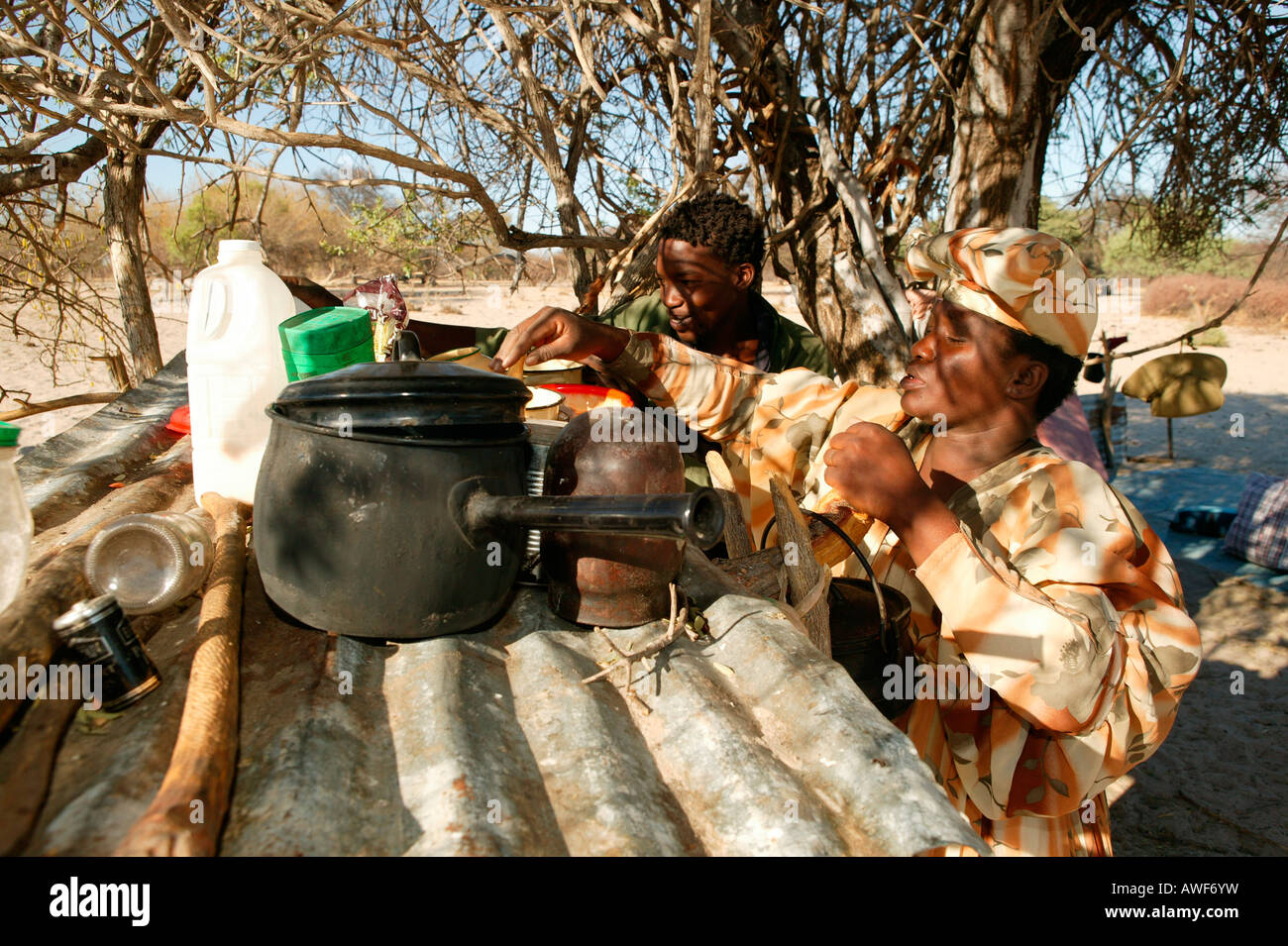 Woman storing food and dishes on corrugated metal roof and tree to ...