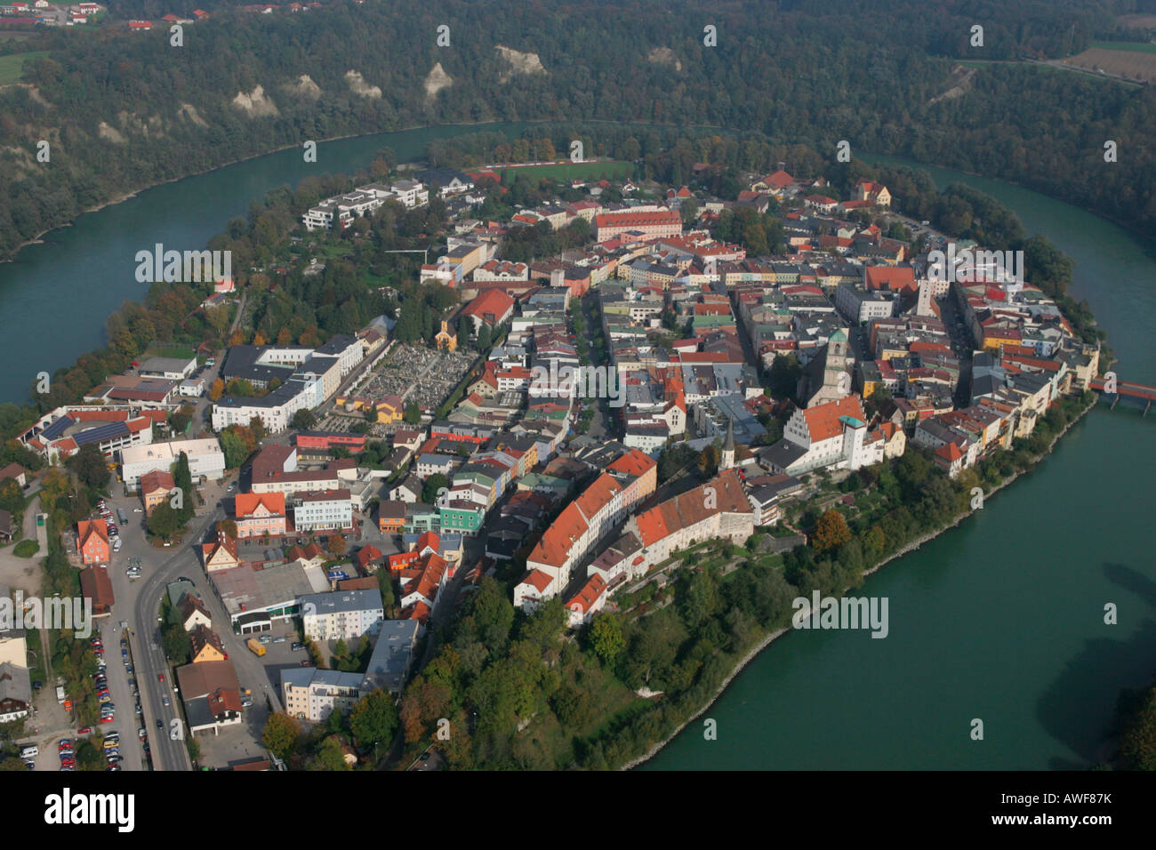 Aerial view, Wasserburg am Inn, Upper Bavaria, Bavaria, Germany Stock ...