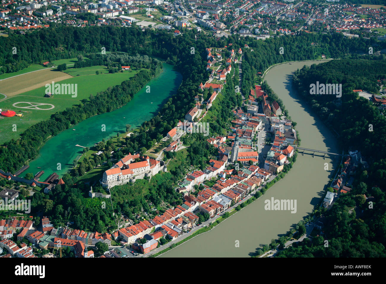 Aerial view of Burghausen on the Salzach River and Europe's longest ...