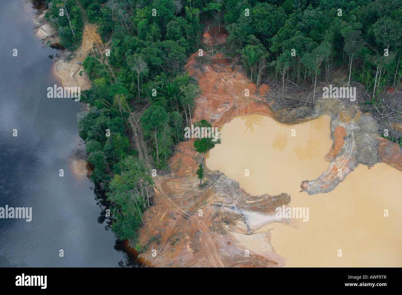 Aerial shot, mining in the rainforest, Guyana, South America Stock ...