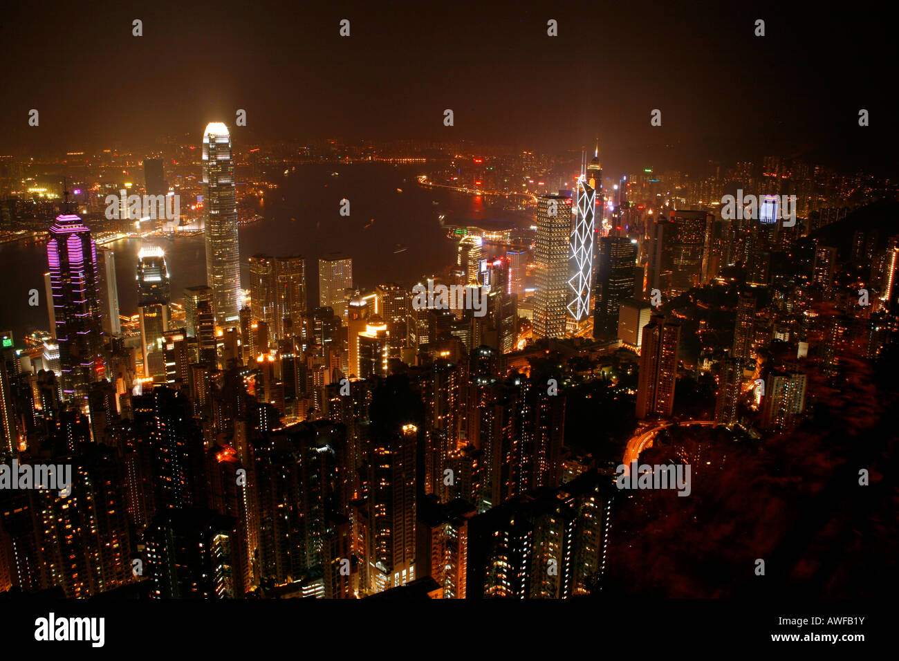 View of central Hong Kong at night from Victoria Peak looking towards ...