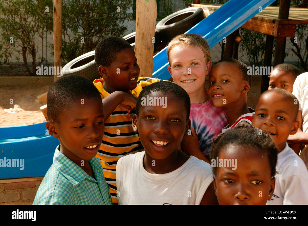 Group of children, various skin colours, Gaborone, Botswana, Africa ...
