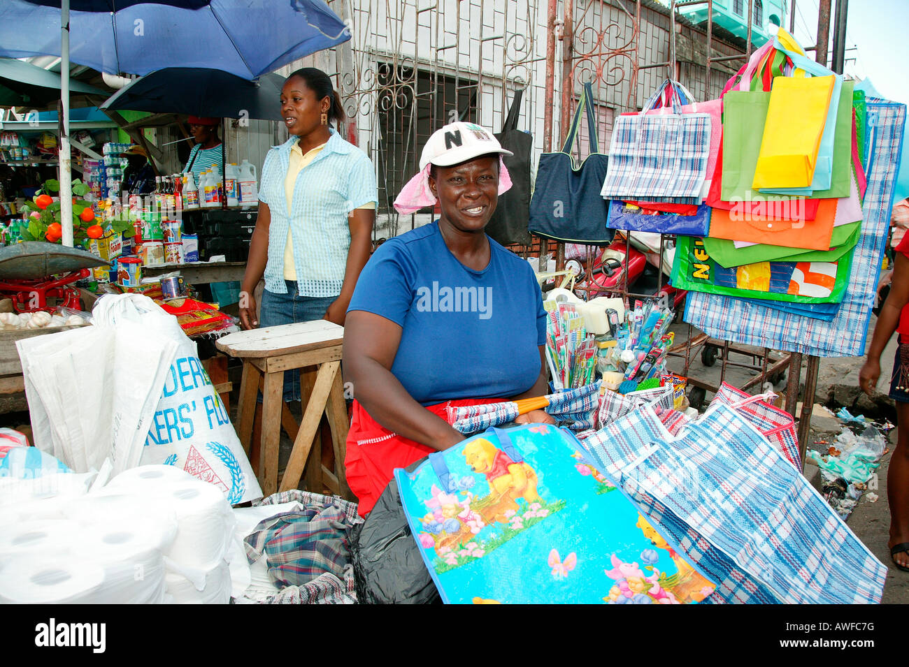 Vendor selling textiles at a marketplace in Georgetown, Guyana, South ...