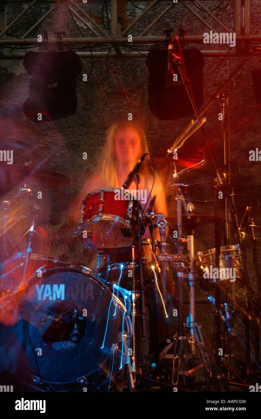 Female drummer at a reggae concert in Muehldorf am Inn, Upper Bavaria ...