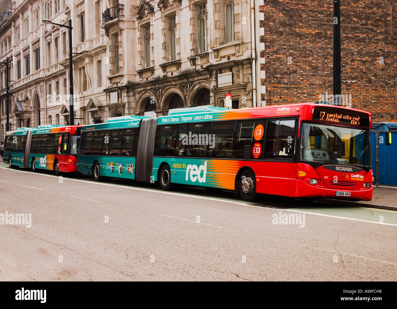 Two Cardiff City Red route Scania Bendibuses waiting at the stop in ...